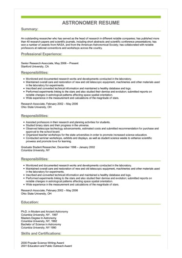 Sample Astronomer Resume