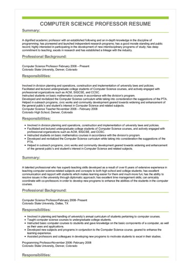 Sample Computer Science Professor Resume Sample Computer Science Professor Resume