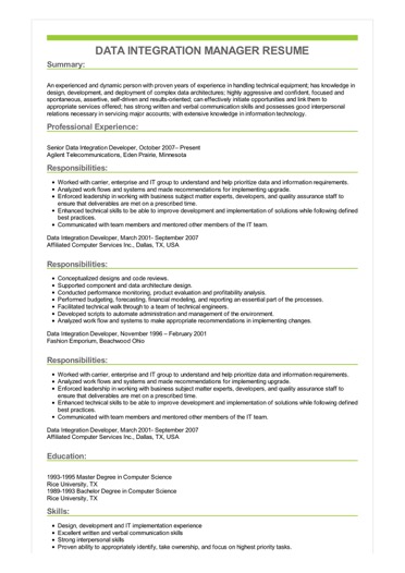 Sample Data Integration Manager Resume