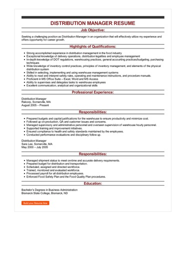 Sample Distribution Manager Resume