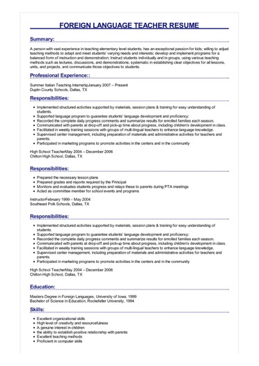 Sample Foreign Language Teacher Resume Sample Foreign Language Teacher Resume