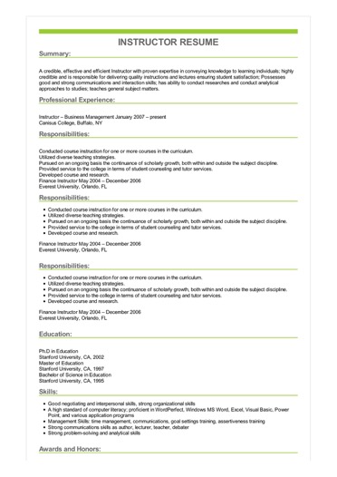 Sample Instructor Resume
