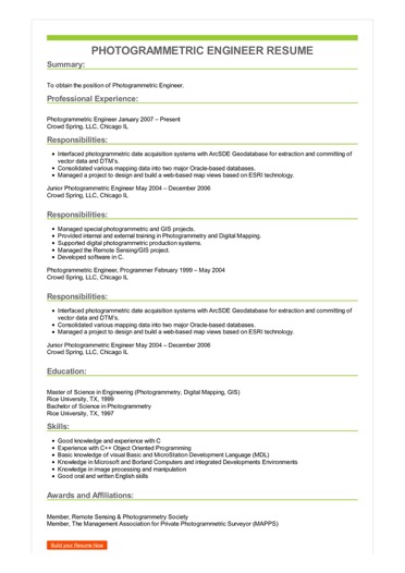 Photogrammetric Engineer Resume Example