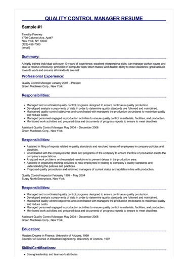 Quality Control Manager Resume Great Sample Resume